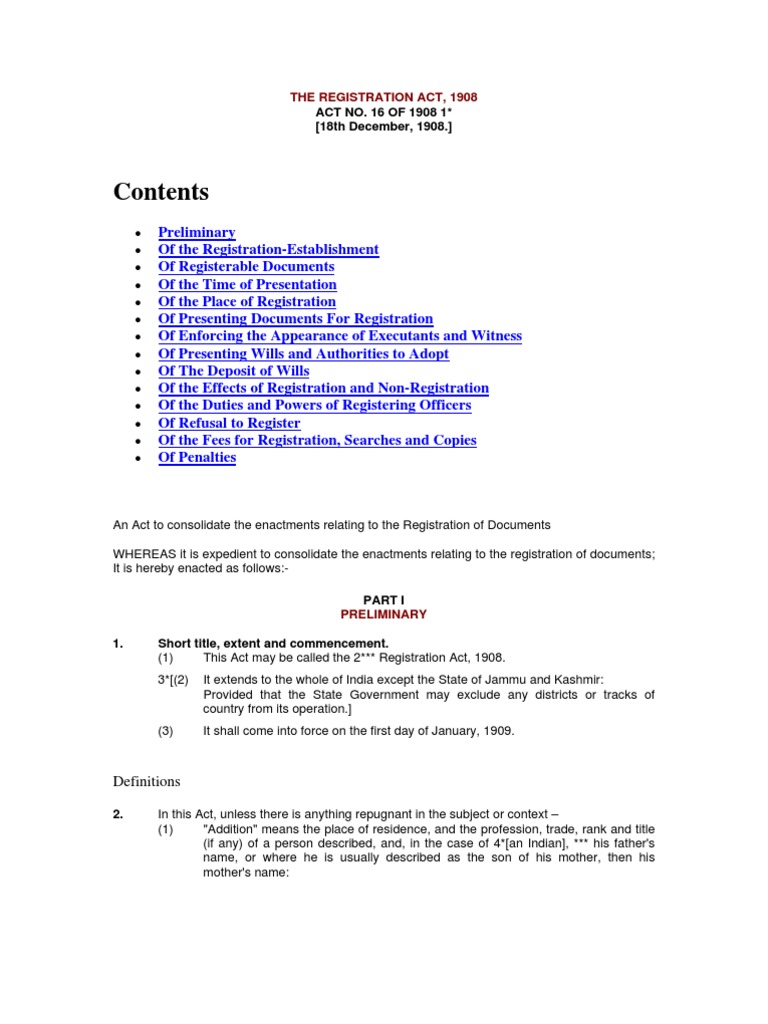 Registration Act Overview 1908 | PDF | Summons | Will And Testament