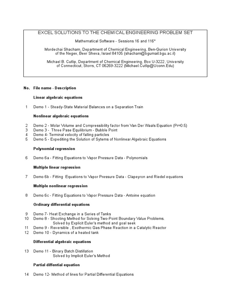 Excel Solutions To The Chemical Engineering Problem Set | PDF ...
