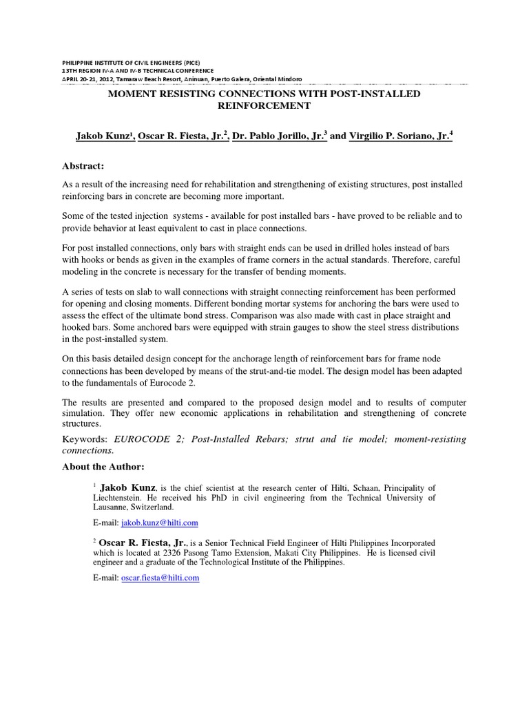 Moment Resisting Connections With Post-Installed Reinforcement-Abstract Standard Format | PDF ...
