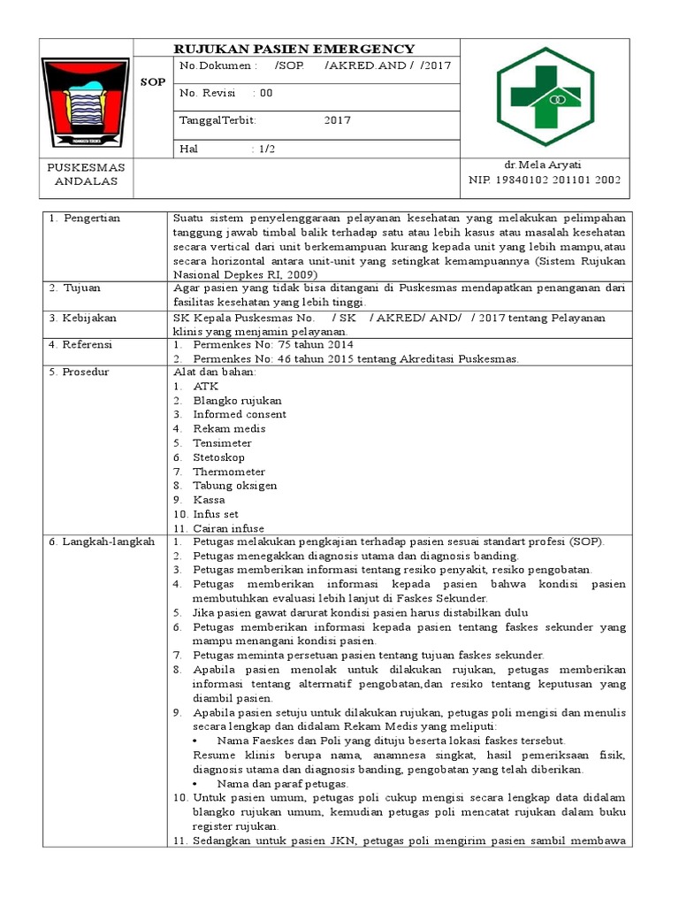 7.2.3.4.b Sop Rujukan Emergency Puskesmas Andalas | PDF