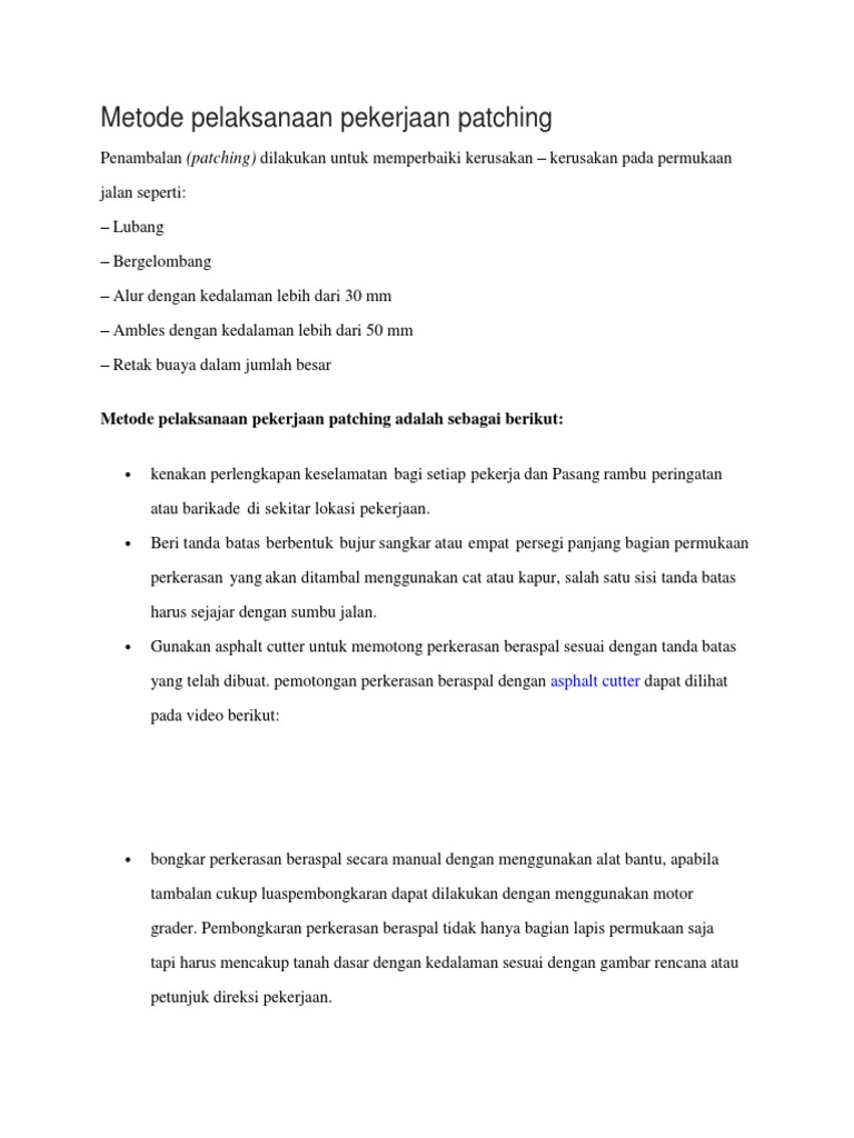 Metode Pekerjaan Patching Jalan | PDF | Teknologi & Rekayasa