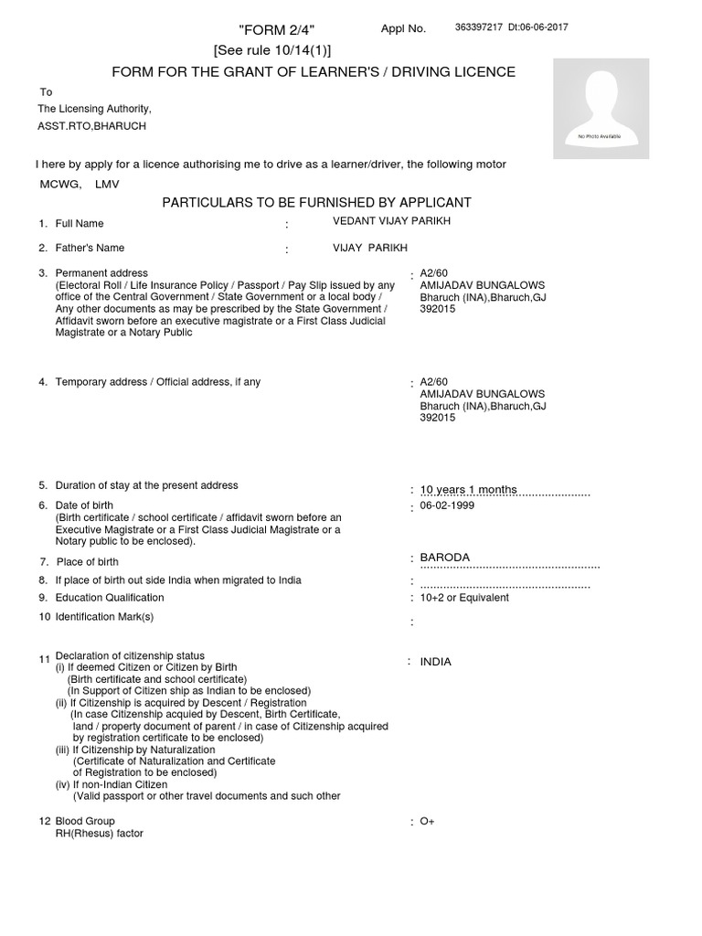 "FORM 2/4" (See Rule 10/14 (1) ) Form For The Grant of Learner'S ...