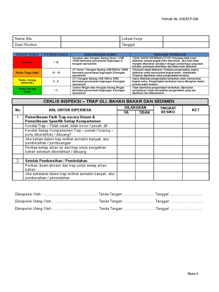 SHE 08 F036 R0 Form Inspeksi Oil Trap Dan Bahan Bakar | PDF