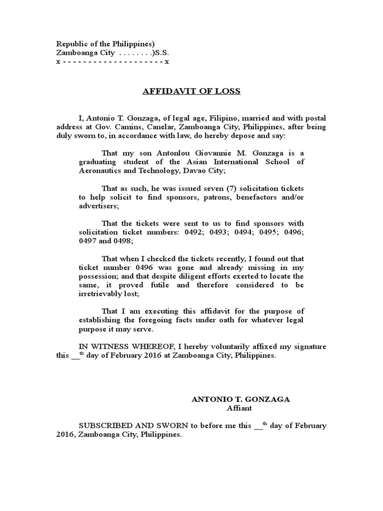 Affi Loss of Cert. of Reg. | PDF | Affidavit | Document
