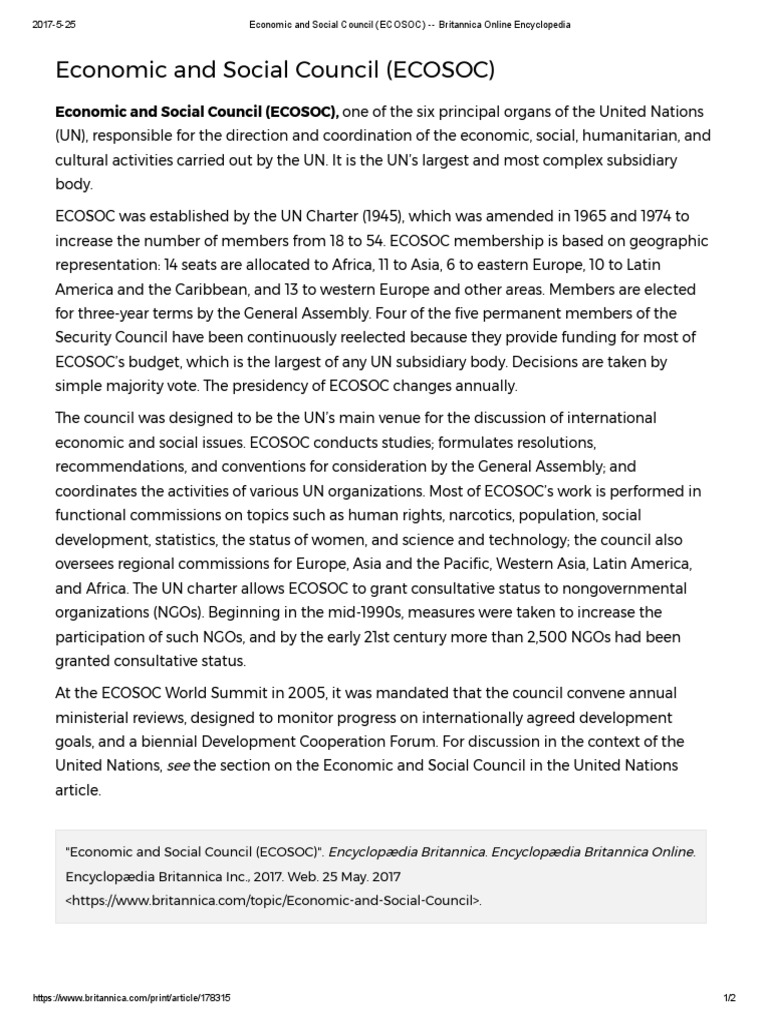 Economic and Social Council (ECOSOC) - Britannica Online Encyclopedia ...