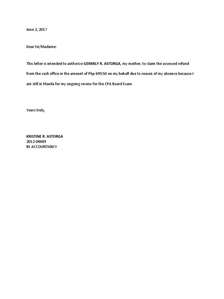 Authorization Letter for Refund Claim | PDF