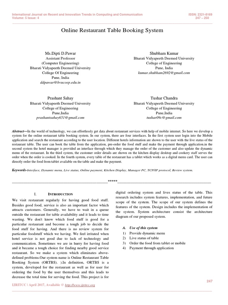 Online Restaurant Table Booking System | PDF | Menu | Waiting Staff