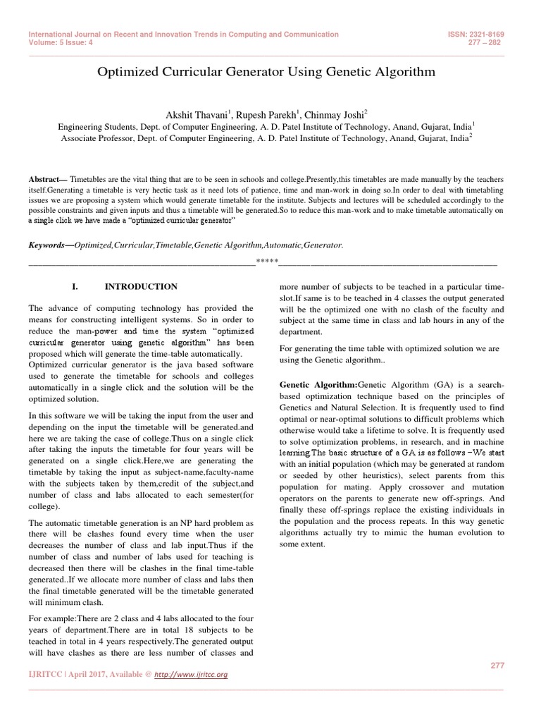 Optimized Curricular Generator Using Genetic Algorithm | PDF | Genetic ...