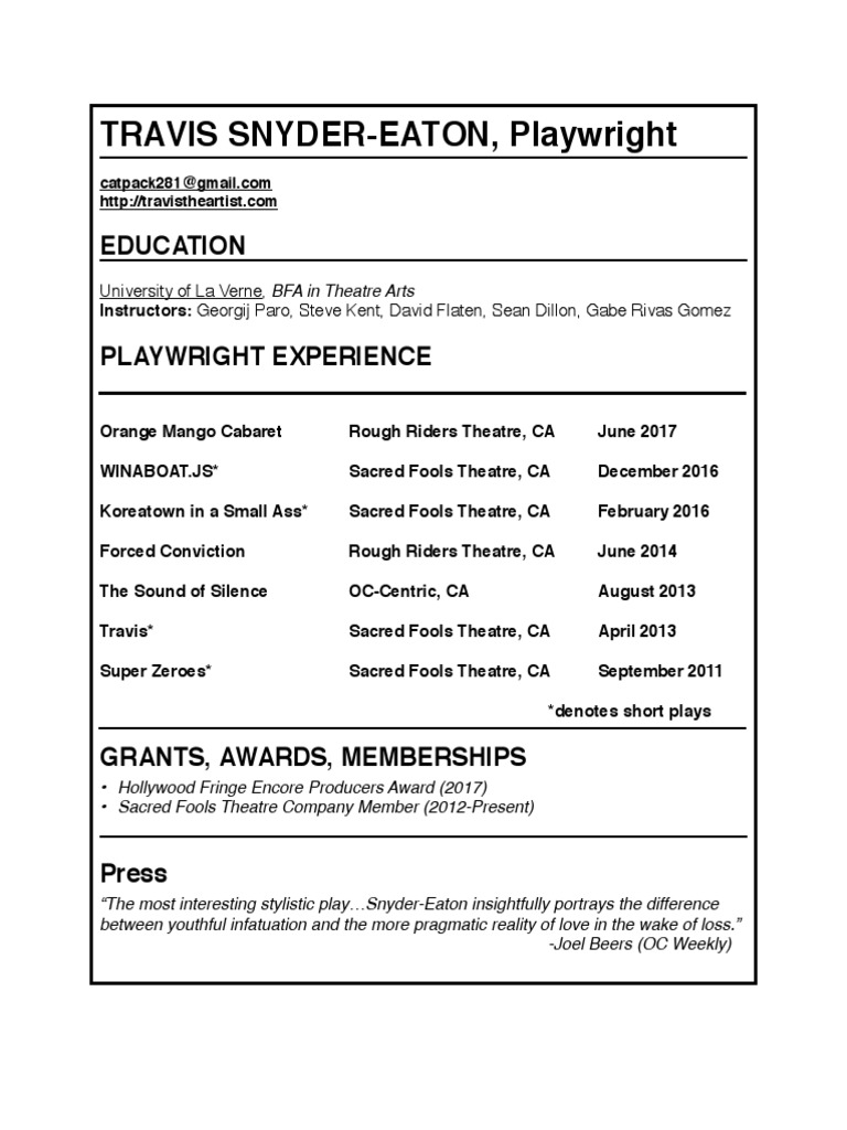TRAVIS SNYDER-EATON, Playwright: Education | PDF