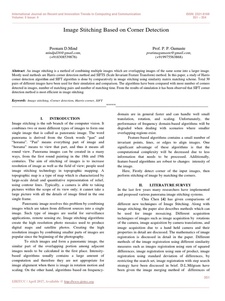 Image Stitching Based On Corner Detection Pdf Graphics Telecommunications Engineering
