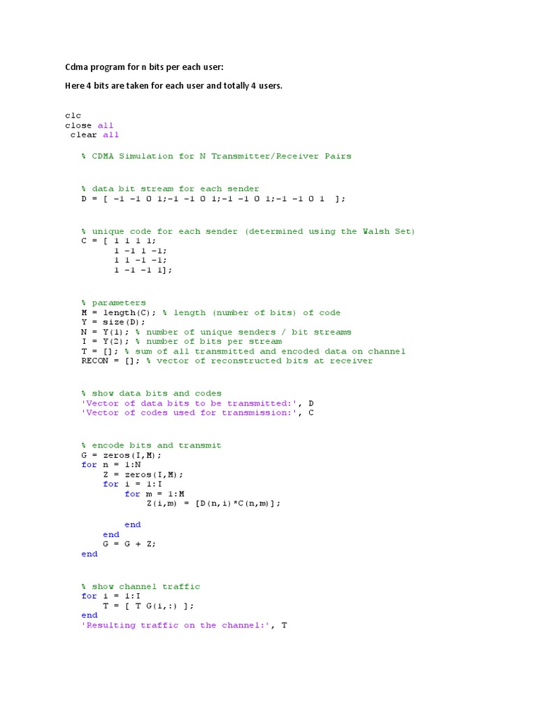 Cdma Program For N Bits Per Each User: Here 4 Bits Are Taken For Each User and Totally 4 Users | PDF