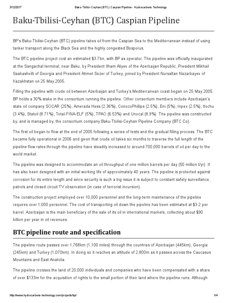 Baku-Tbilisi-Ceyhan (BTC) Caspian Pipeline - Hydrocarbons Technology ...