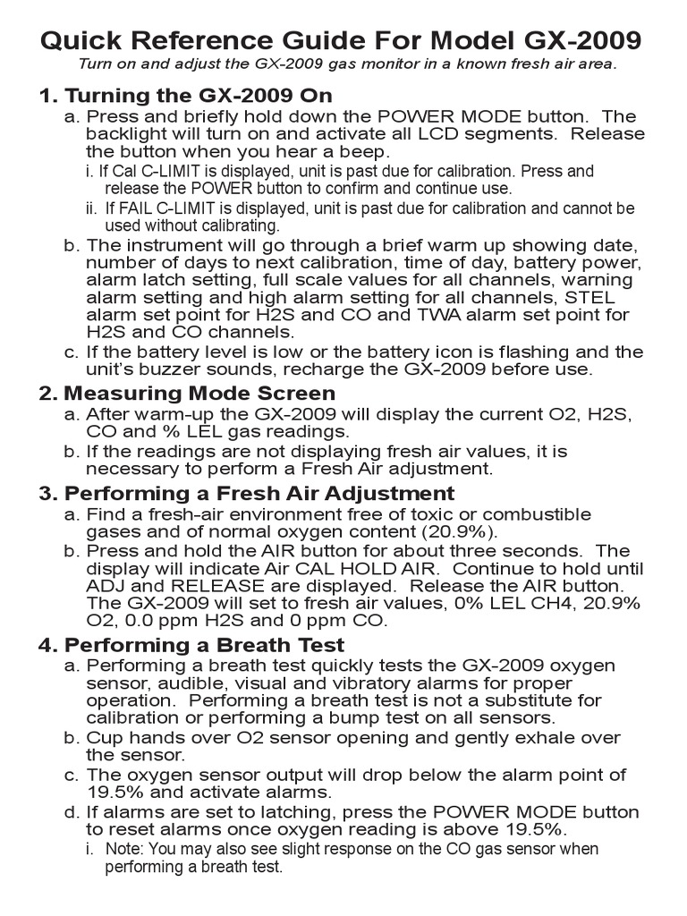 GX2009 Quick Reference | PDF | Breathing | Gases
