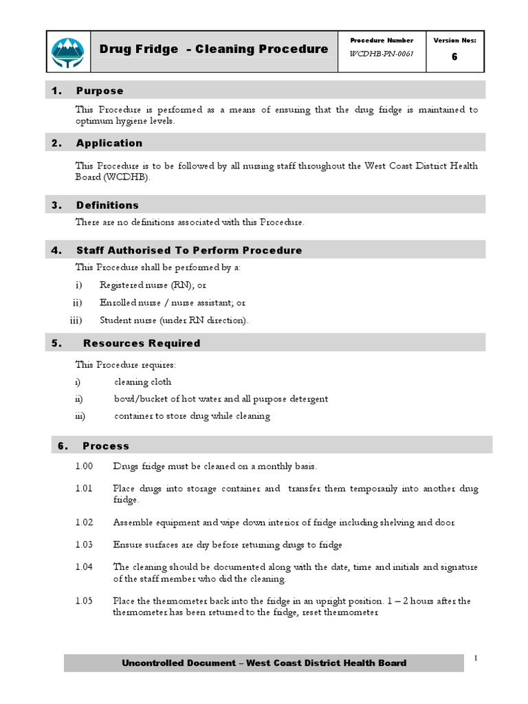 Drug Fridge - Cleaning Procedure: WCDHB-PN-0061 | PDF | Refrigerator ...