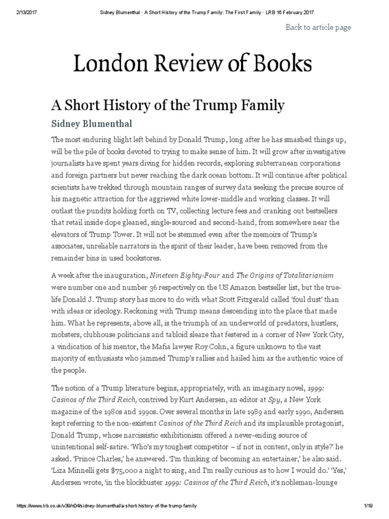 Sidney Blumenthal A Short History of The Trump Family - The First ...