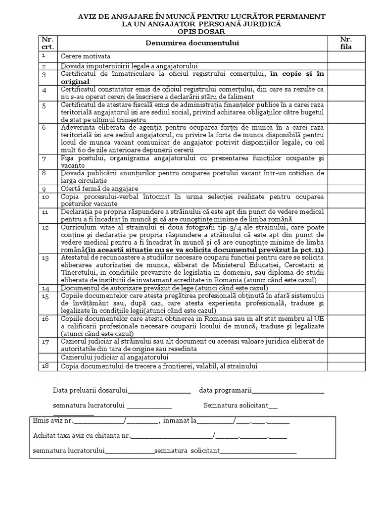Opis Documente Autorizatii de Munca Lucrator Permanent | PDF