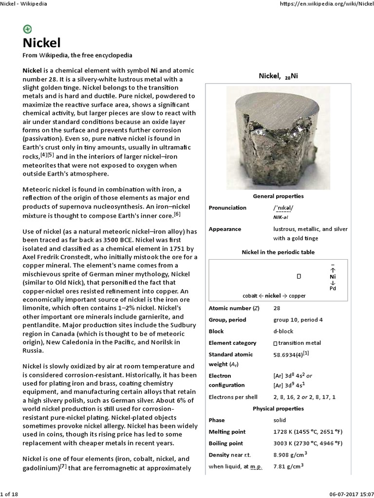 Nickel - Wikipedia | PDF | Nickel | Crystalline Solids