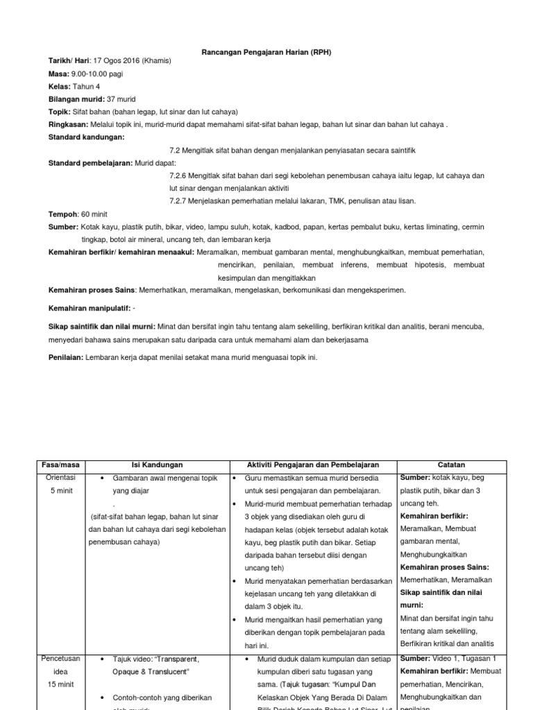Rancangan Pengajaran Harian Sains | PDF | Sains & Matematika