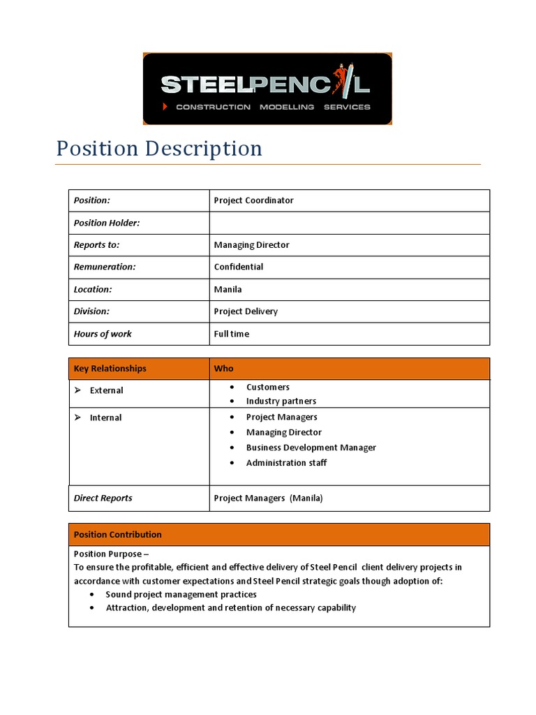 Project Coordinator Job Description Pdf Project Management