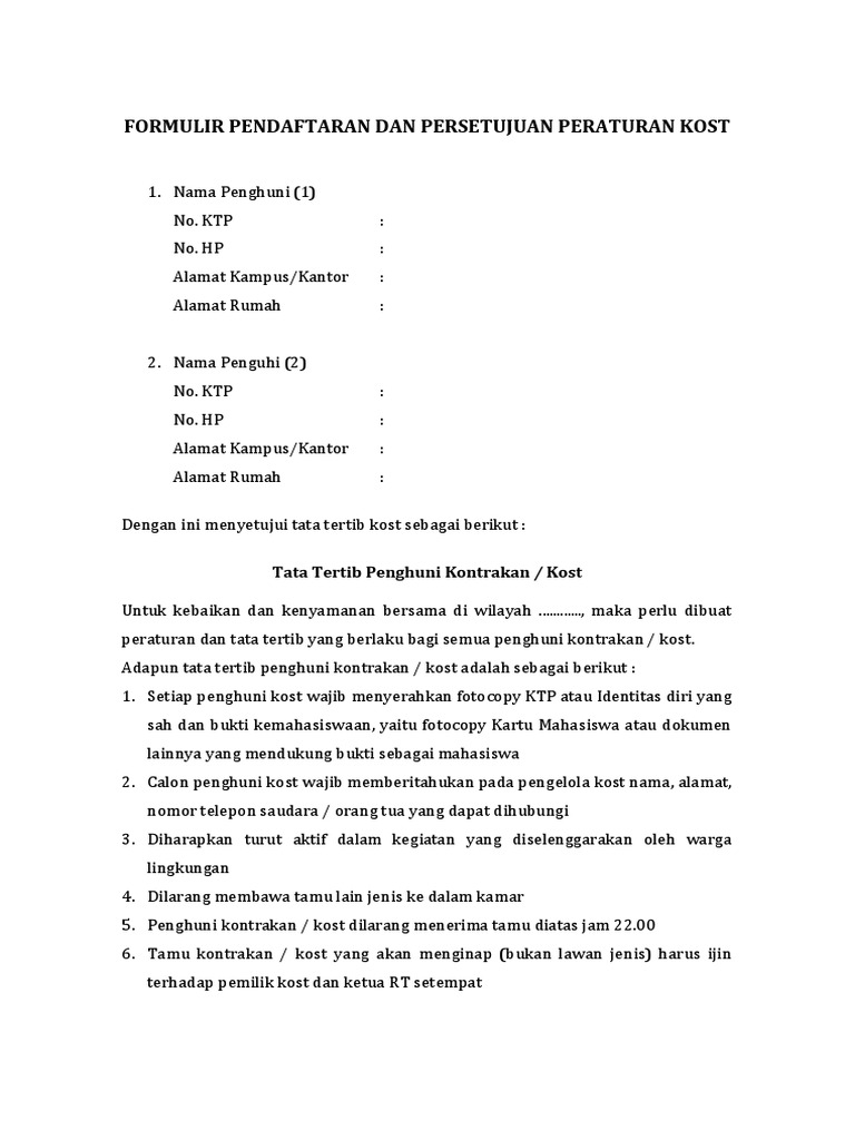 Formulir Pendaftaran Dan Persetujuan Peraturan Kost: Tata Tertib ...