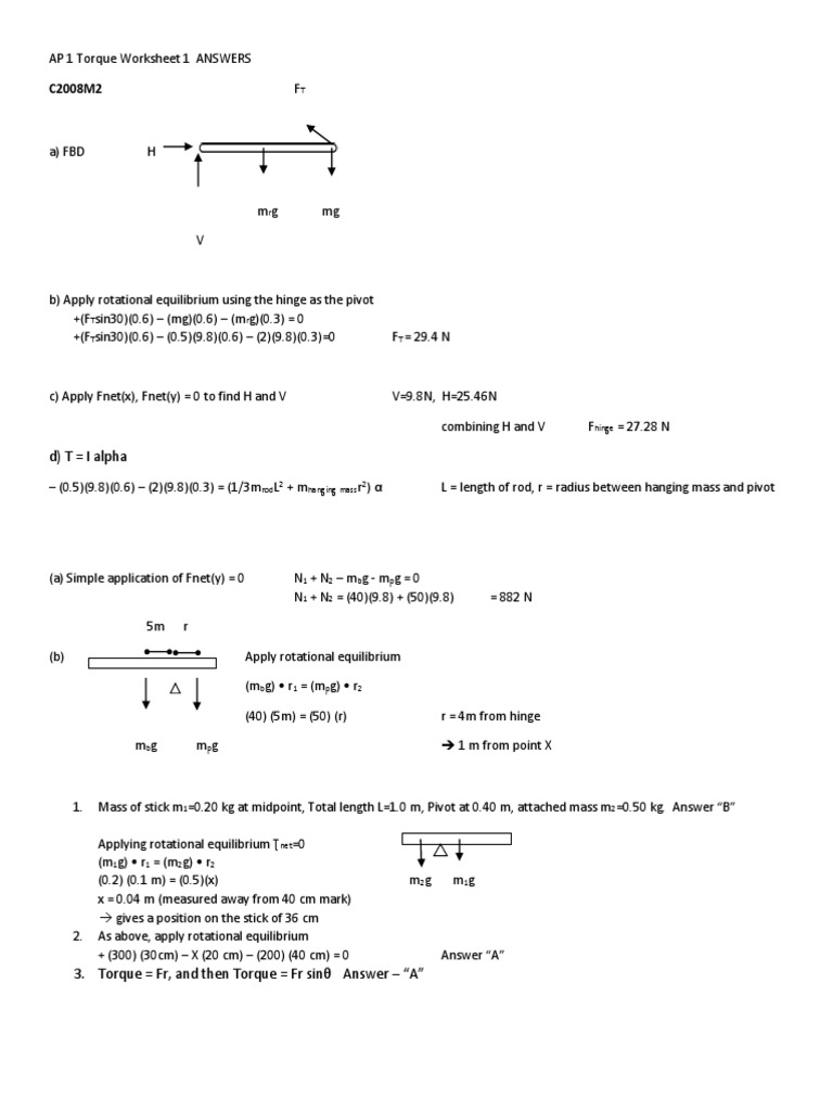 AP Physics Torque Worksheet Answers | PDF