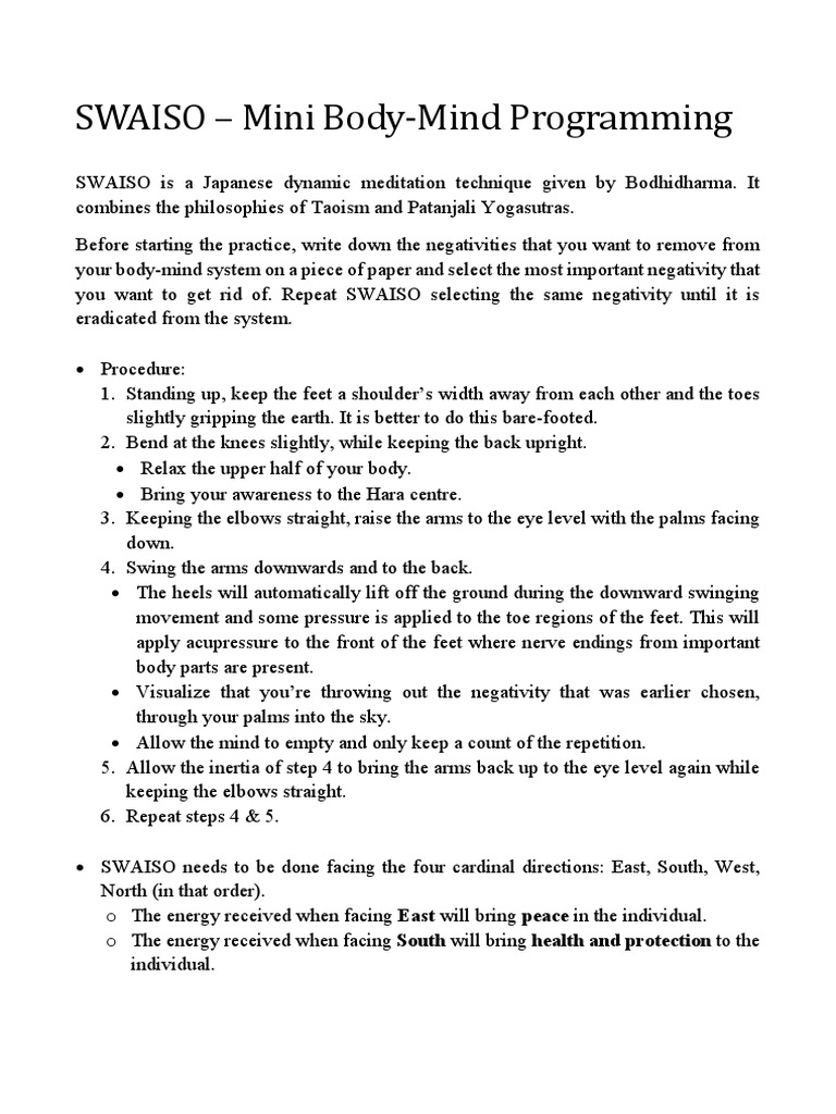 Mini Body-Mind Programming Technique - SWAISO | PDF | Meditation | Mind ...