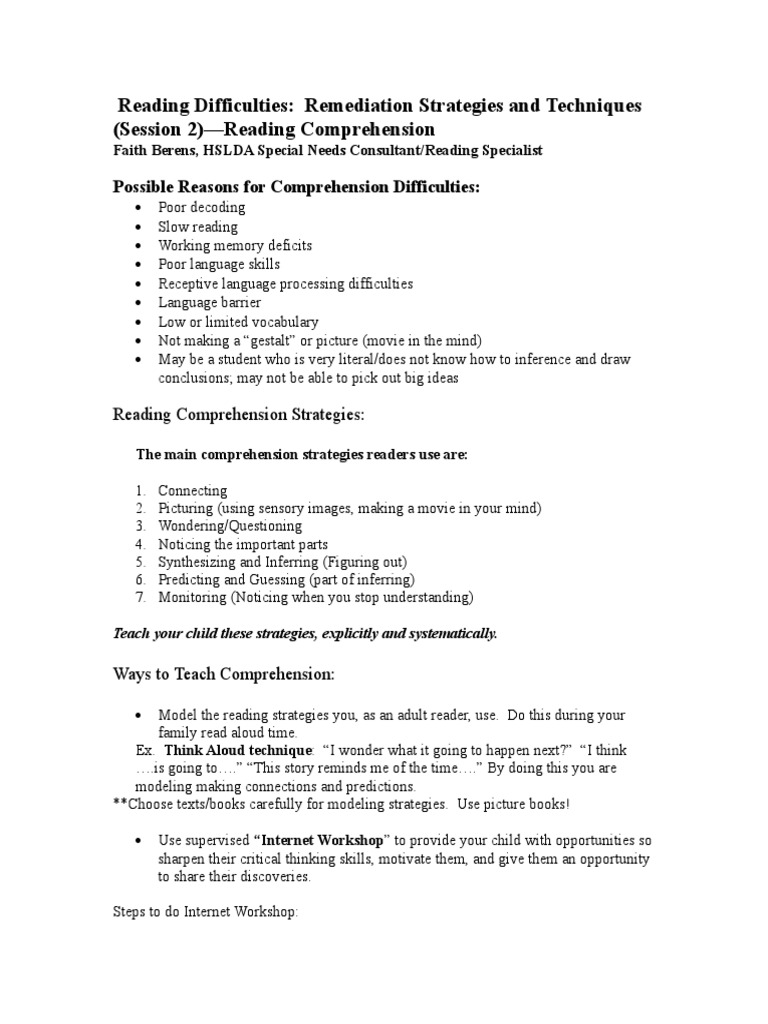 Reading Difficulties Reading Comprehension Handout | PDF | Reading ...