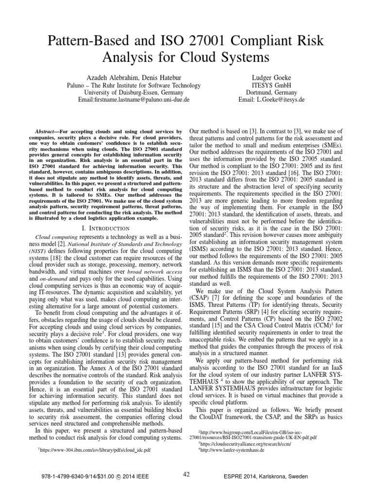 Pattern-Based and ISO 27001 Compliant Risk Analysis For Cloud Systems | PDF | Threat (Computer ...