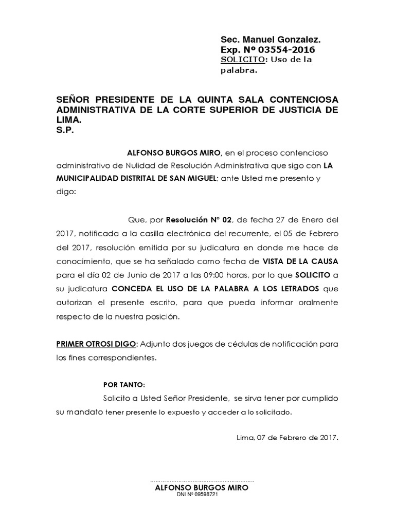 Modelo de escrito Solicitando Informe Oral