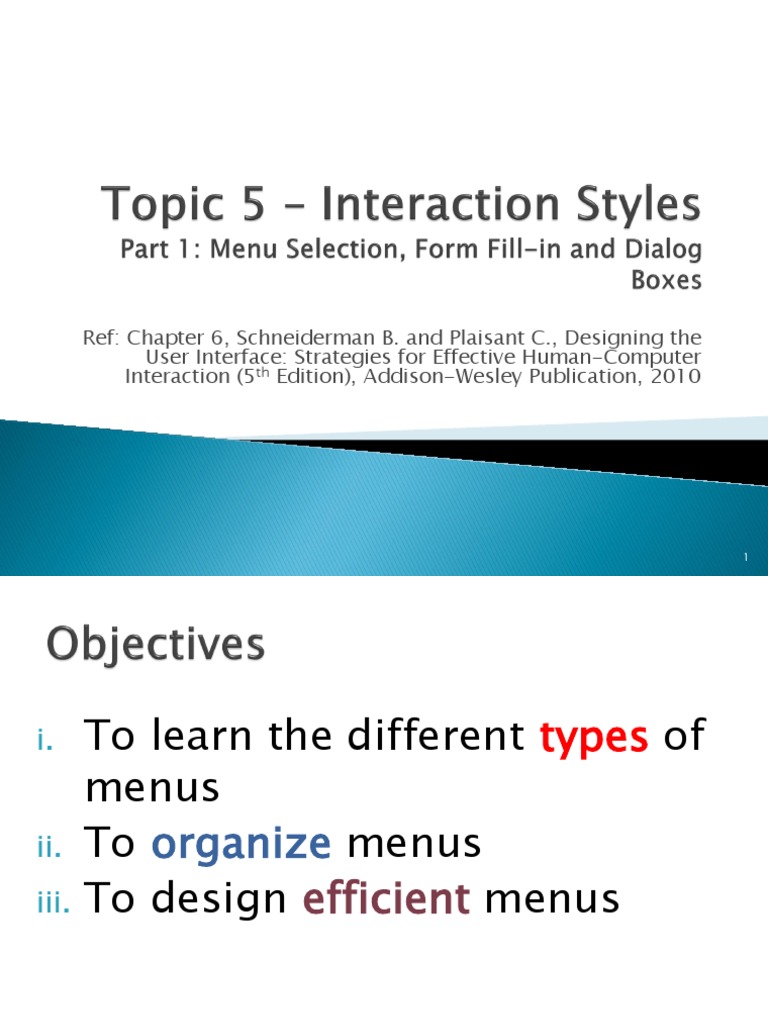 5-InteractionStyles1 - Menu Selection, Form Fill-In and Dialog Boxes | PDF | Menu (Computing) | Menu