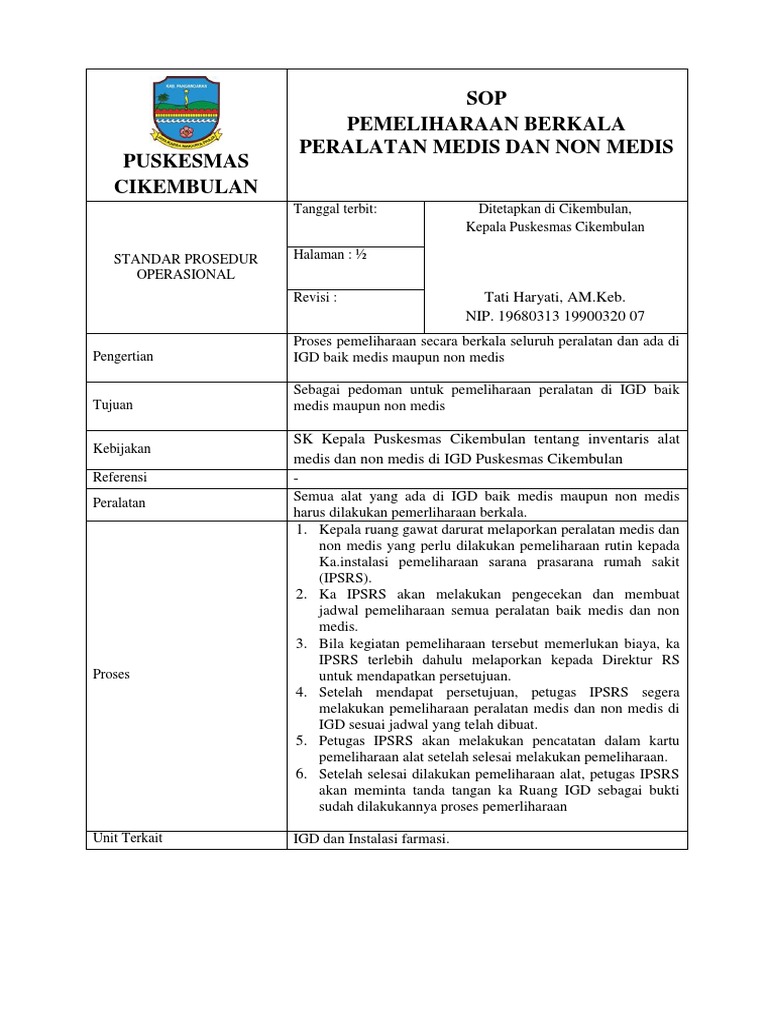 Format SOP Pemeliharaan Berkala Peralatan Medis Dan Non Medis Di IGD | PDF