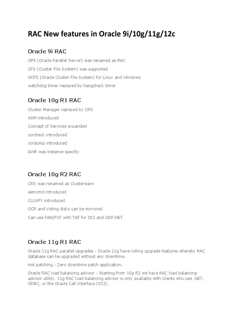RAC New Features in Oracle 9i-10g-11g-12c | PDF | Oracle Database | Computer Cluster