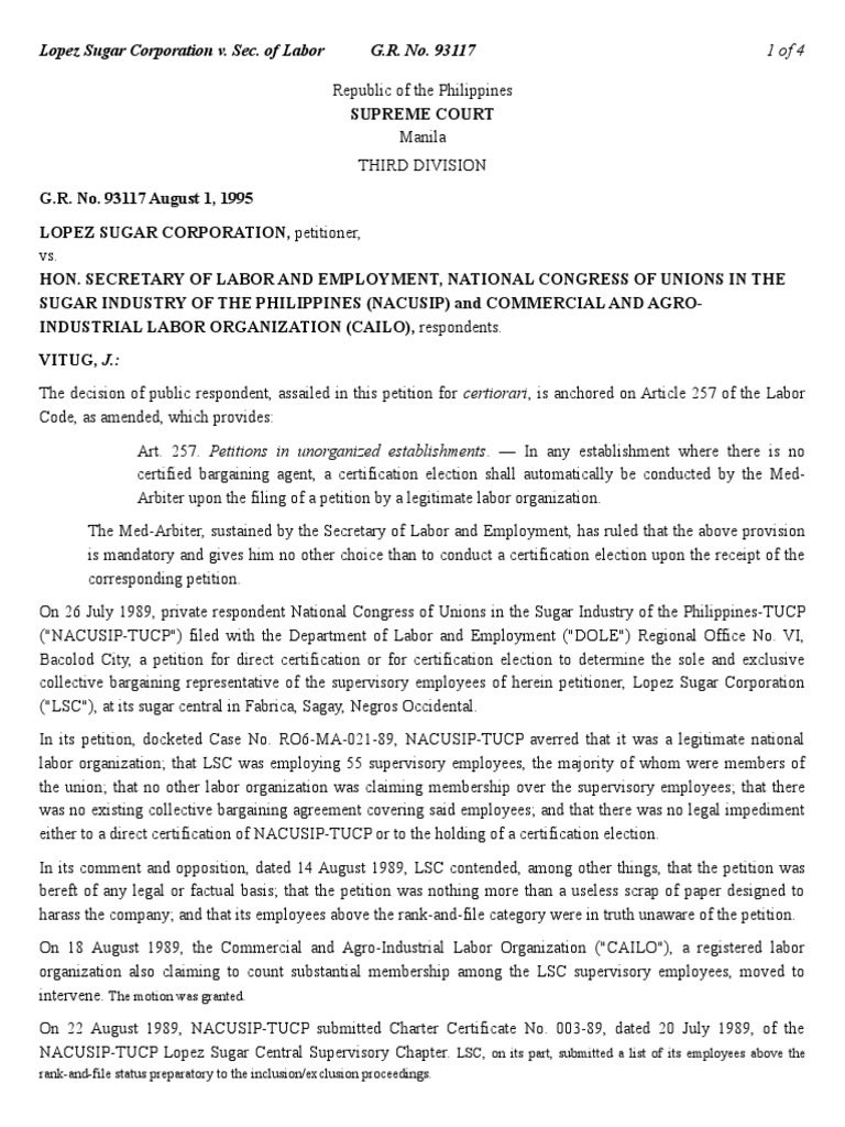 102-Lopez Sugar Corporation v. Secretary of Labor G.R. No. 93117 August ...