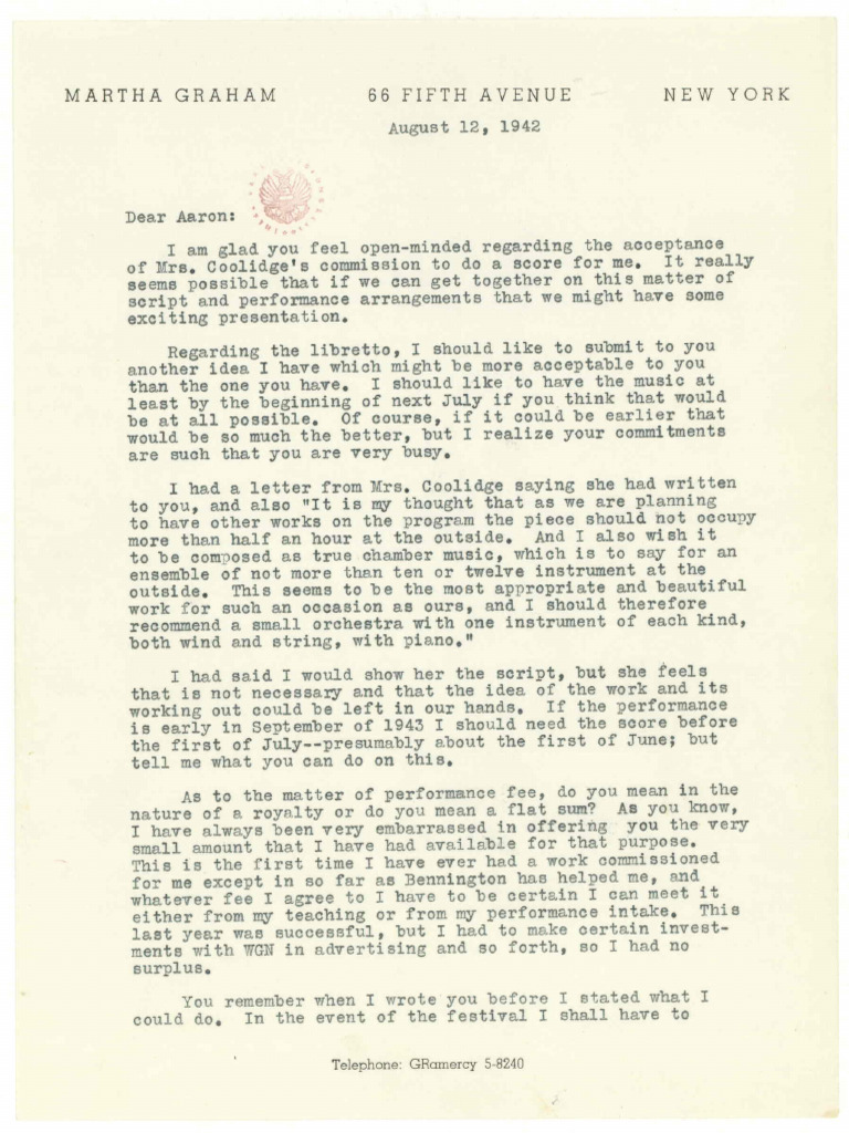 Martha Graham Letter To Aaron Copland, August 12, 1942 | PDF
