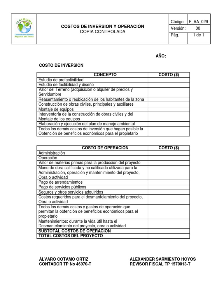 Costos de Inversion y Operación