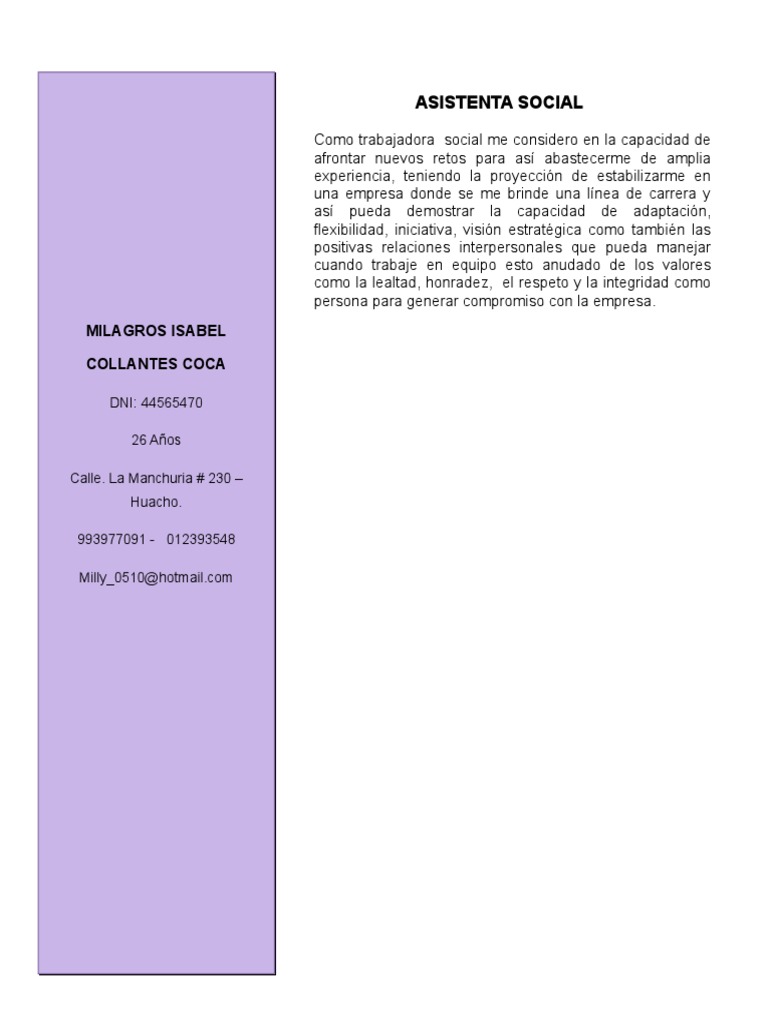 CV Asistenta Social Milagros Collantes Coca | PDF | Trabajo Social ...