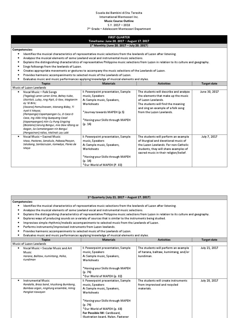Course Outline Music 7 | PDF | Singing | Songs
