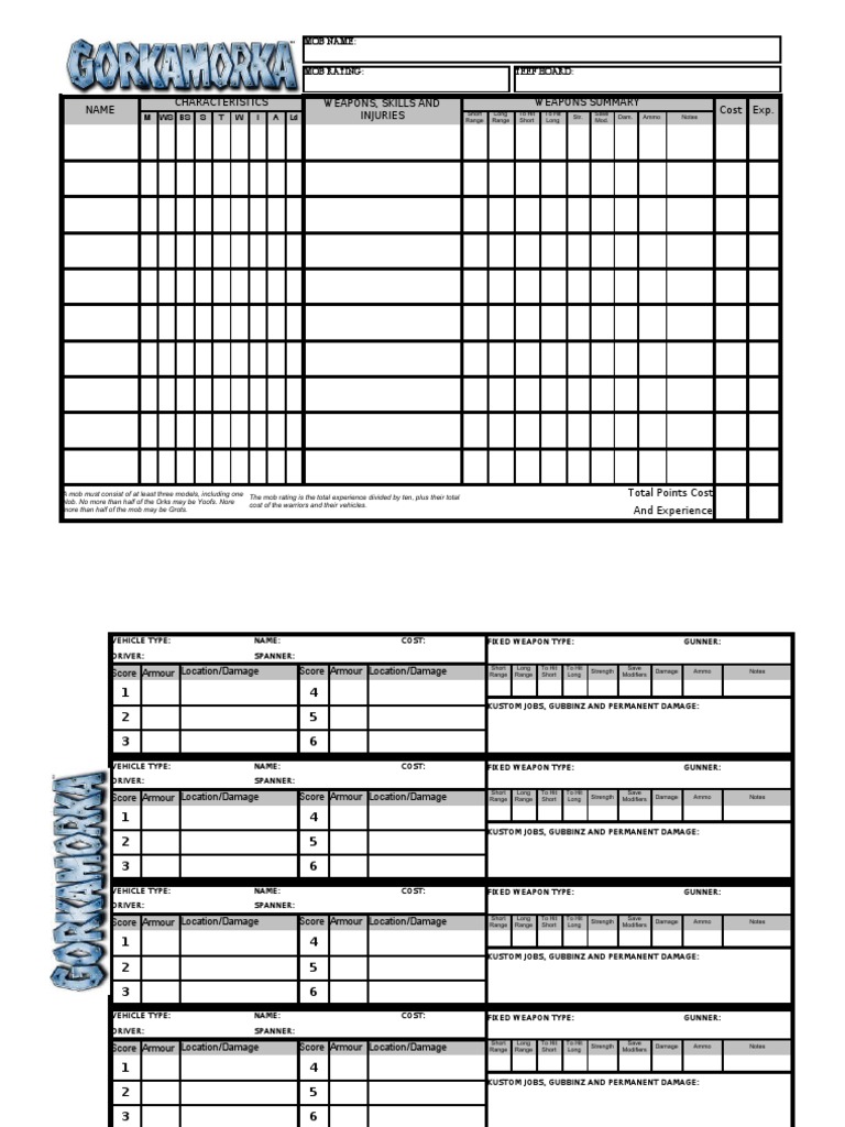 Name Characteristics Weapons Summary Cost Exp. Weapons, Skills and Injuries | PDF | Military ...