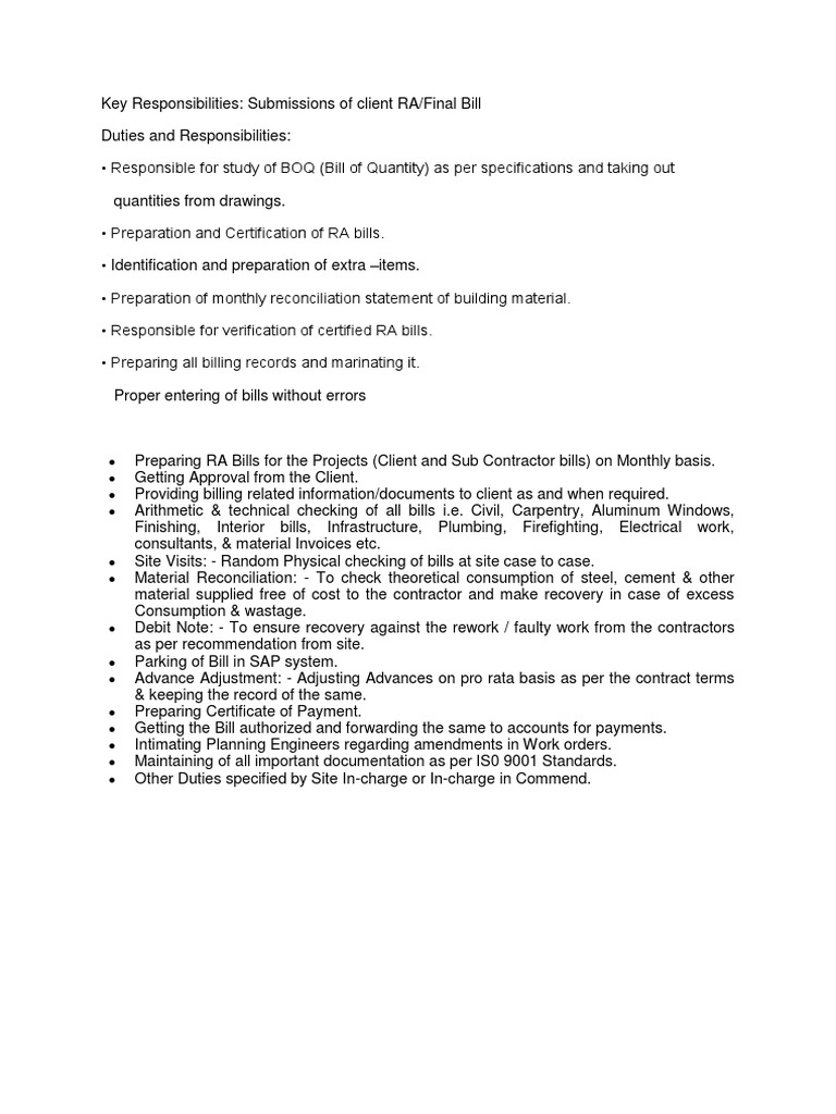 Responsibilities of Billing Engineer | PDF | Invoice | Specification ...