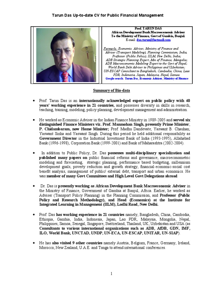 Tarun Das CV For Public Financial Management | PDF | World Bank | International Monetary Fund
