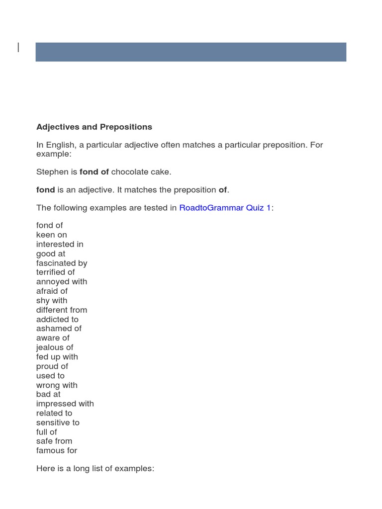 Adjectives and Prepositions: Roadtogrammar Quiz 1 | PDF | Language Arts ...