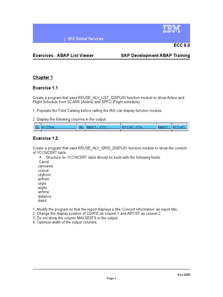 ECC 6.0 Exercises: ABAP List Viewer SAP Development ABAP Training | PDF | Computing | Software