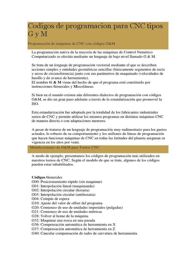 Codigos de Programacion para CNC Tipos G y M | PDF | Control numerico ...