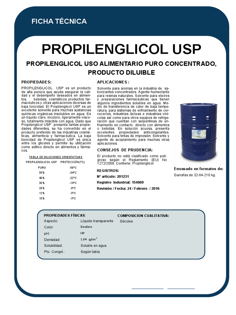 Propilenglicol Usp FT | PDF | Solvente | Solubilidad