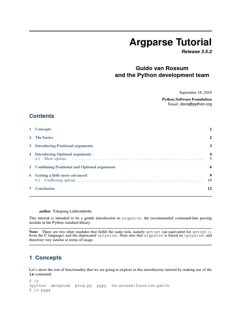 Argparse Tutorial: Guido Van Rossum and The Python Development Team | PDF | Parameter (Computer ...