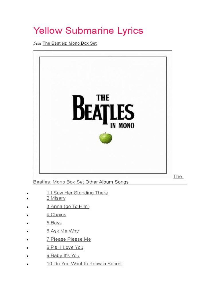 Yellow Submarine Lyrics: The Beatles: Mono Box Set | PDF | Music ...