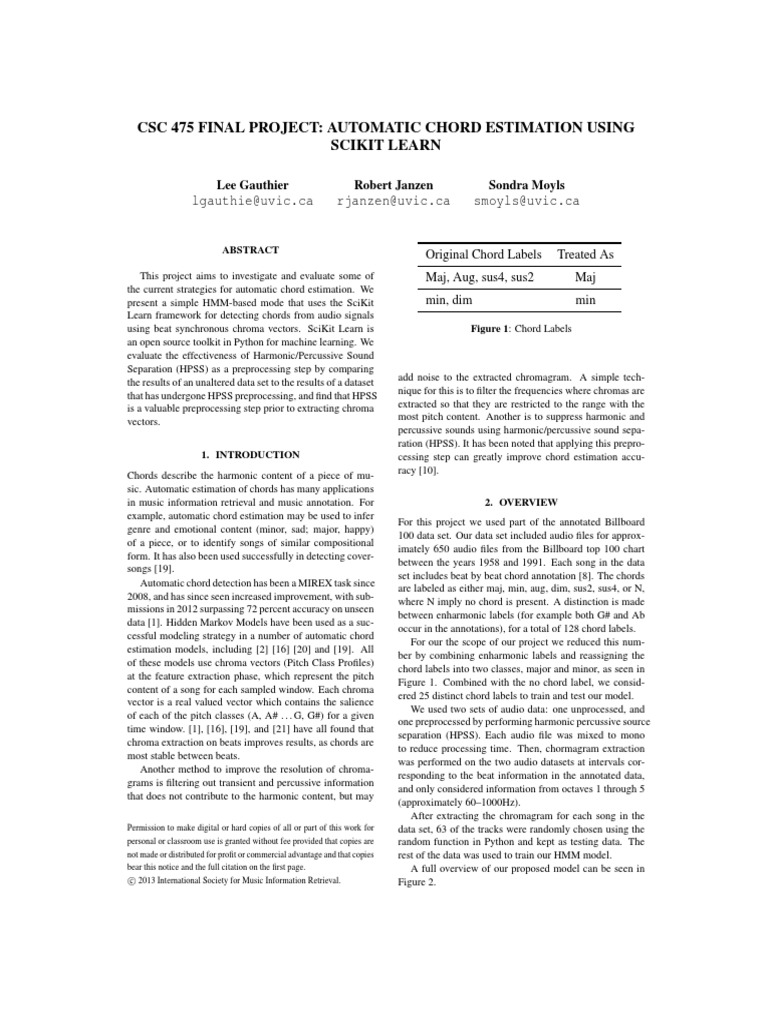 CSC 475 Final Project: Automatic Chord Estimation Using Scikit Learn | PDF | Cognitive Science ...