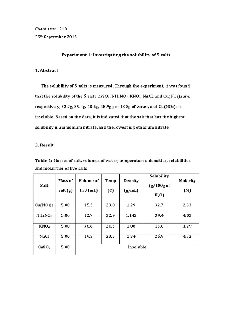 Experiment 1: Investigating The Solubility of 5 Salts | PDF
