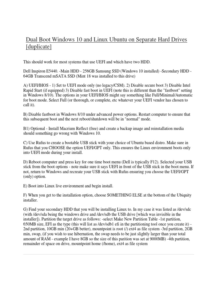 Dual Boot Windows 10 and Linux Ubuntu On Separate Hard Drives | PDF ...