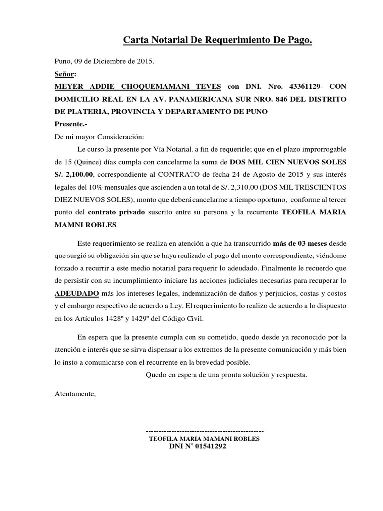 Carta Notarial de Requerimiento de Pago TEOFILA MARIA | PDF